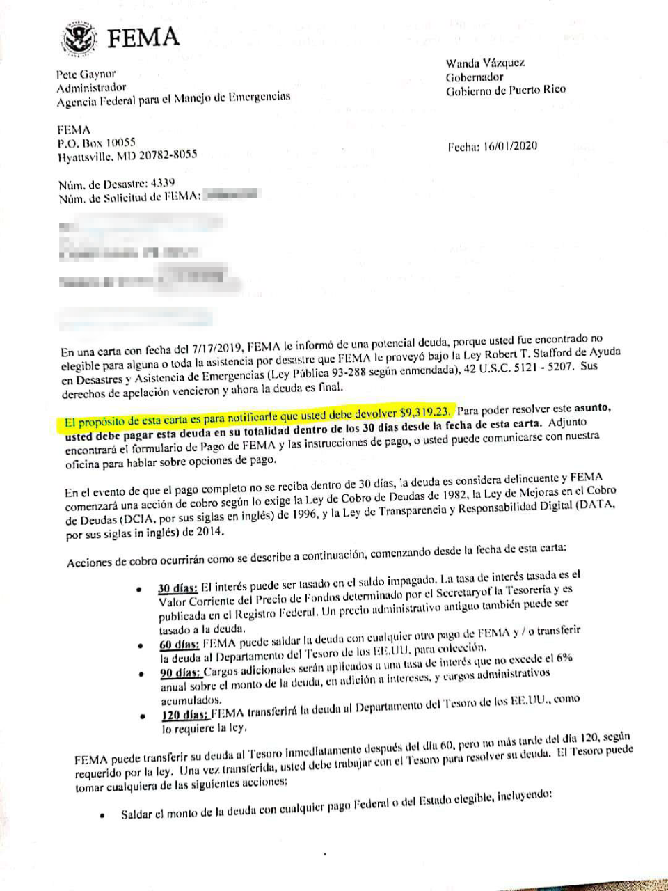 Personas que recibieron cartas de cobro de FEMA tienen hasta este viernes para solicitar ...